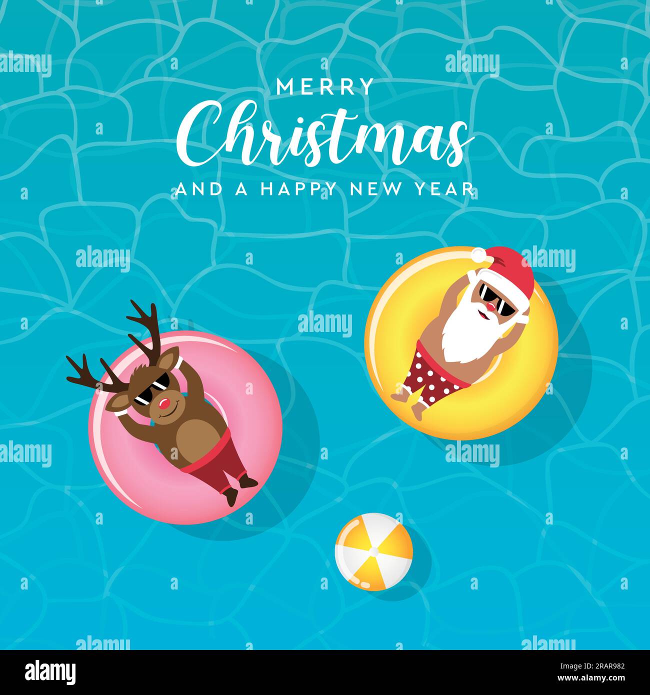 cute santa claus and deer relaxing on float ring in water on the beach ...