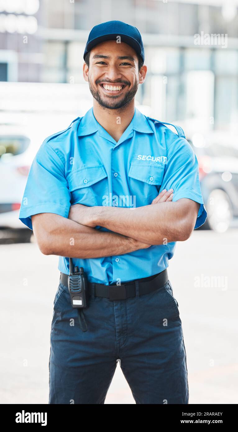 Portrait, security guard or safety officer man on the street for ...