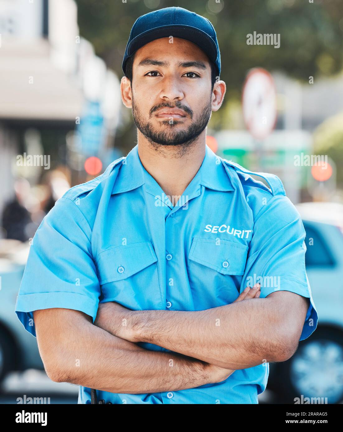 Security guard, portrait and safety officer man on the street for ...