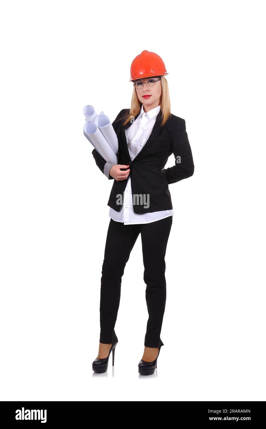 Young woman engineer holding blueprint Cut Out Stock Images & Pictures ...