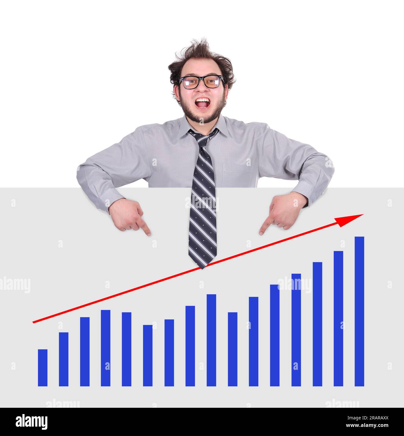 happy businessman pointing to poster with chart Stock Photo - Alamy