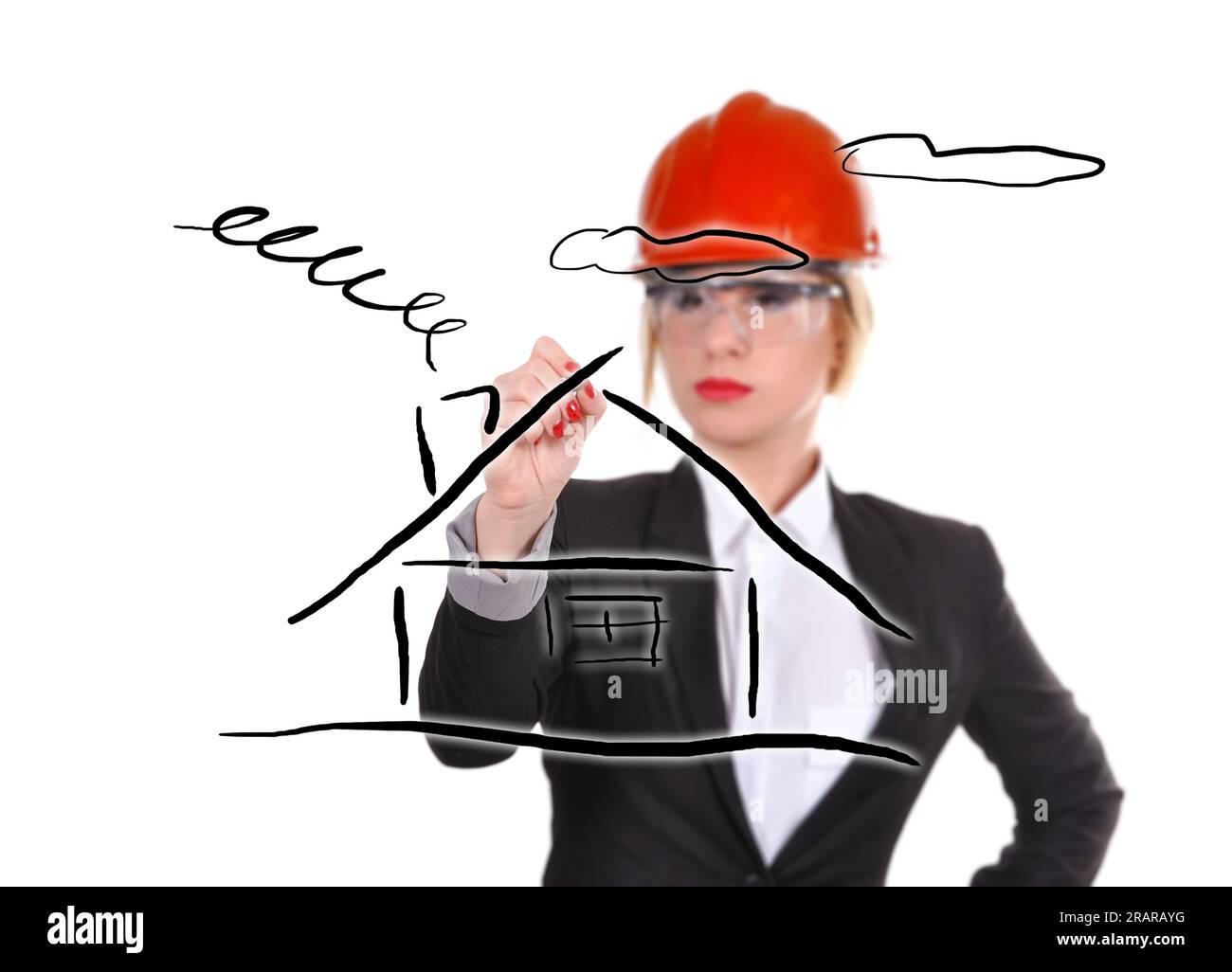 Engineer woman drawing house on a white background Stock Photo - Alamy