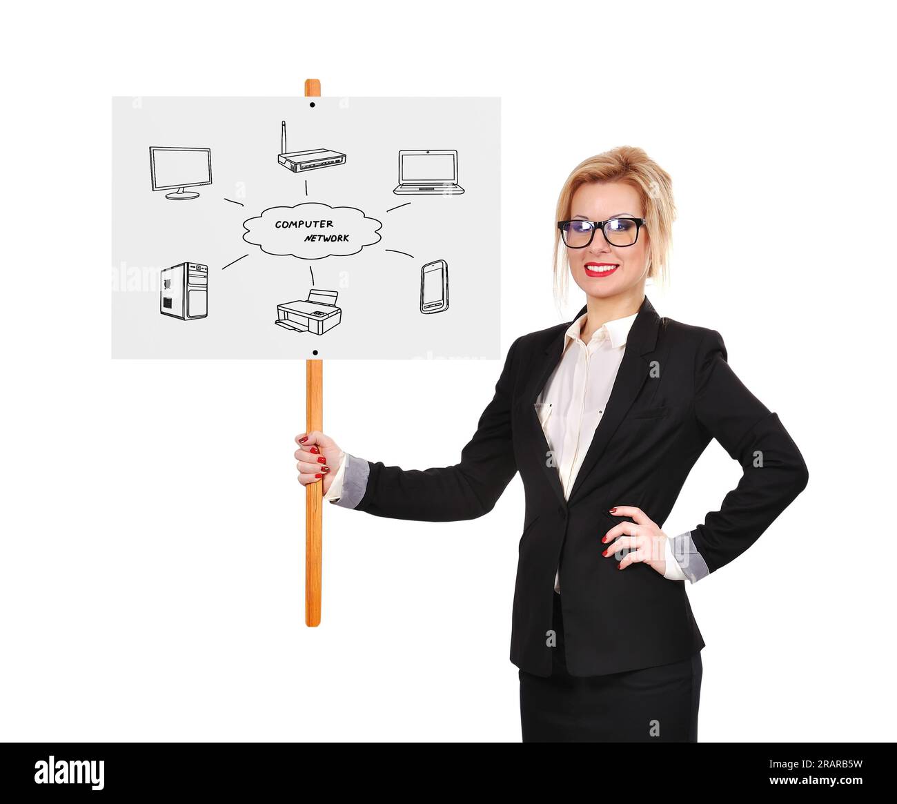 businesswoman holding whiteboard with computer network scheme Stock ...