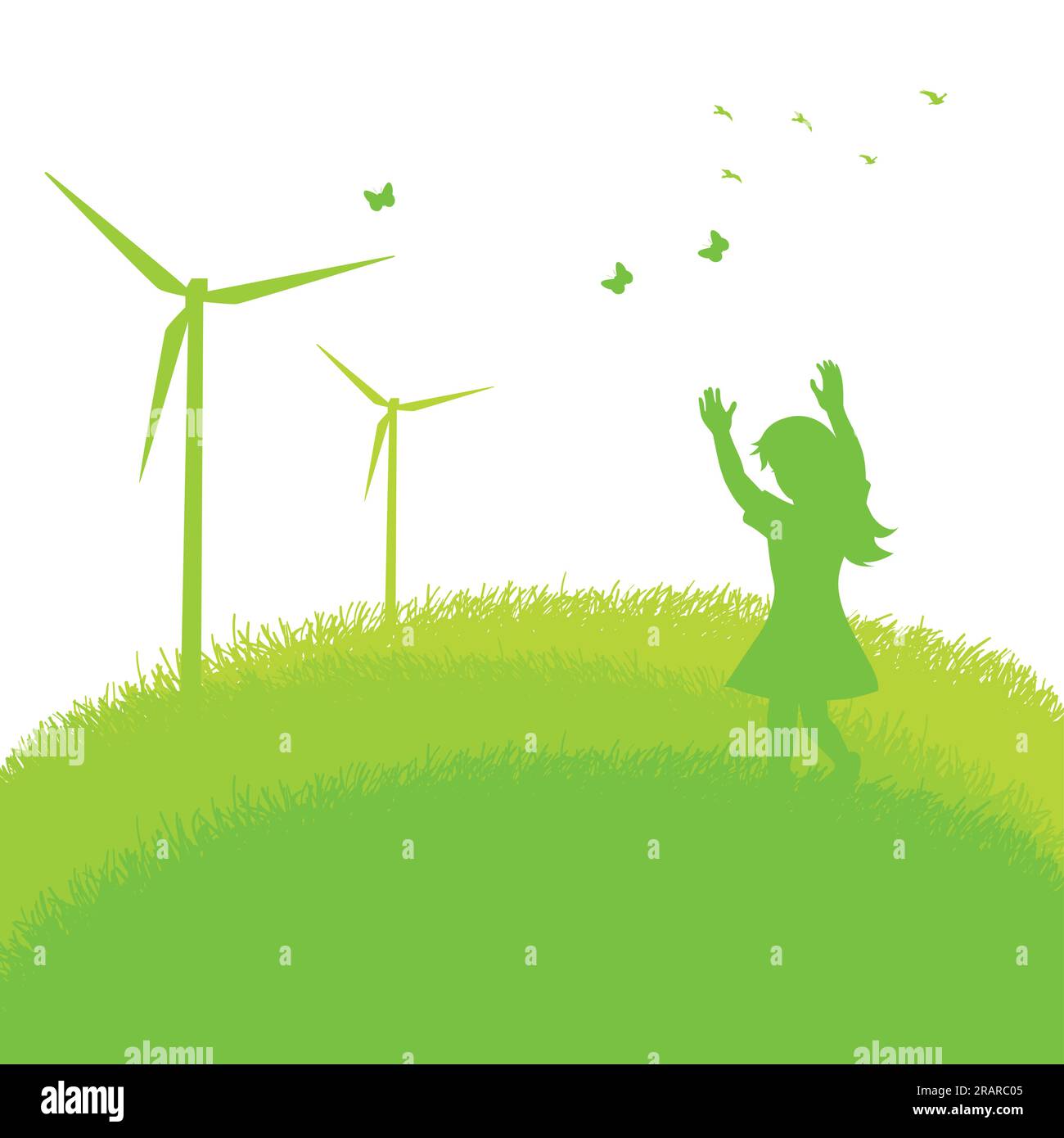 Silhouette illustration of wind generators and little girl playing on ...