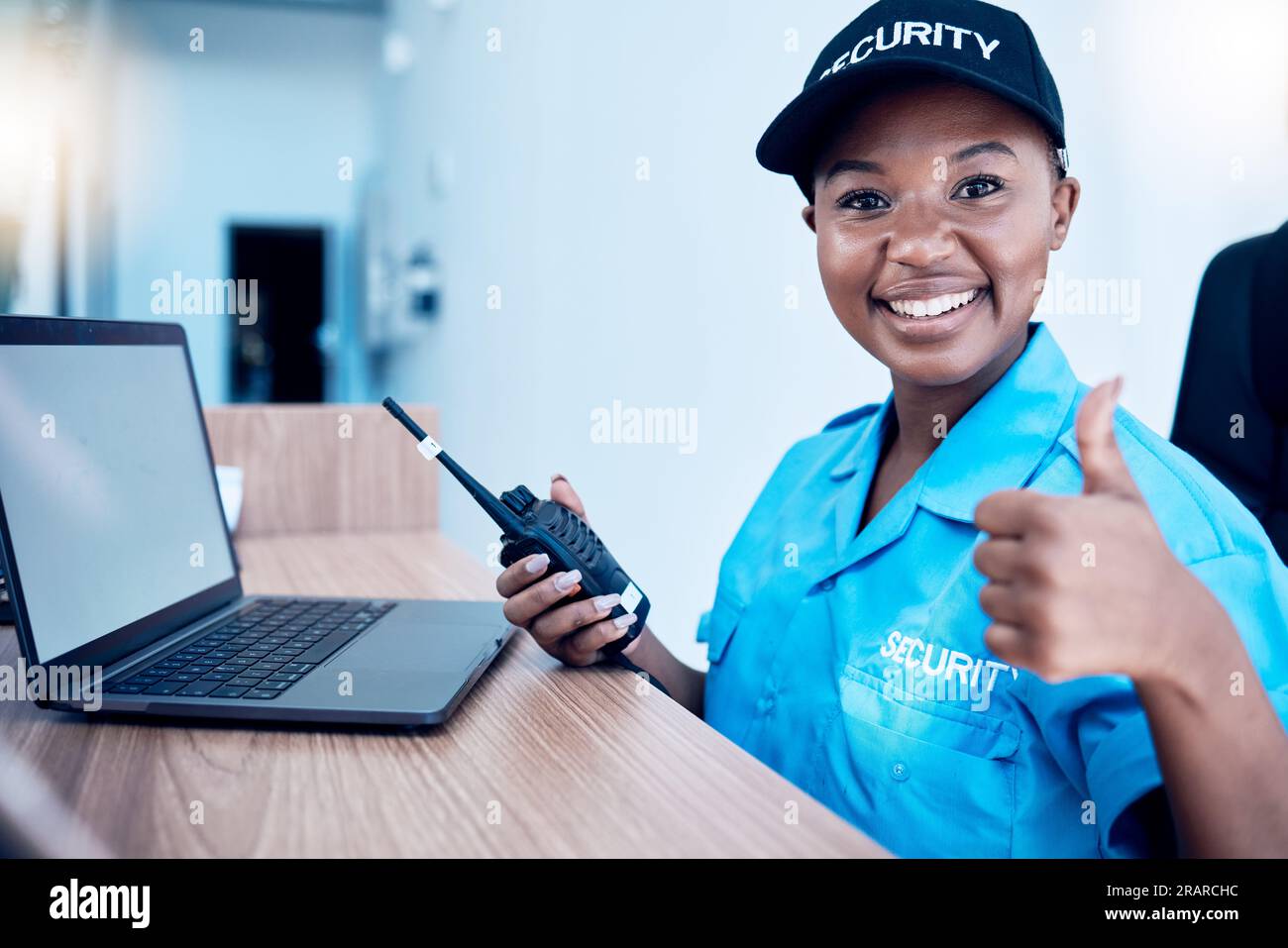 Security guard, thumbs up and police use a walkie talkie or radio for ...