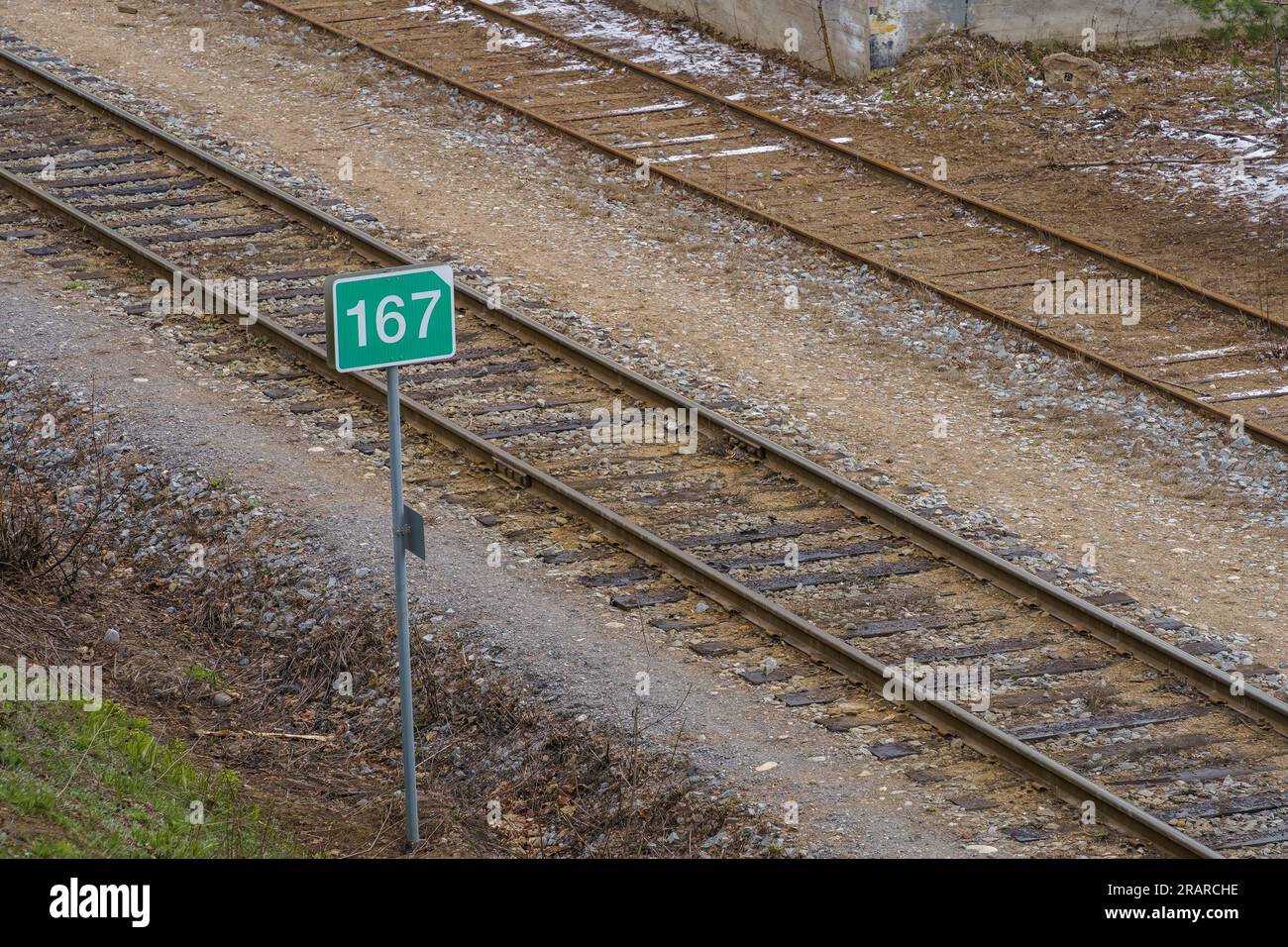 Green sign with number 167 next to railway tracks in Finland Stock ...
