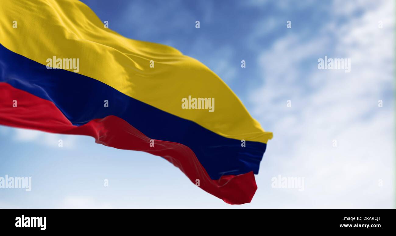 Colombia national flag waving in the wind on a clear day. Horizontal ...