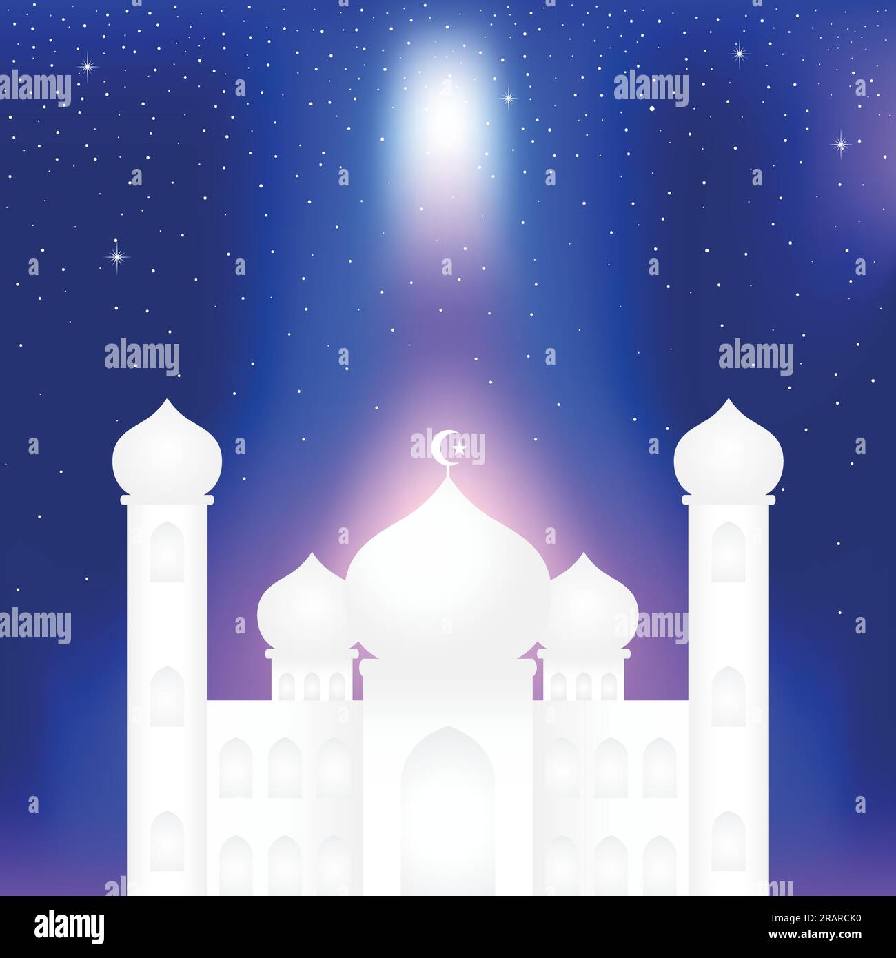 Graphic illustration of a mosque on blue and starry night sky ...