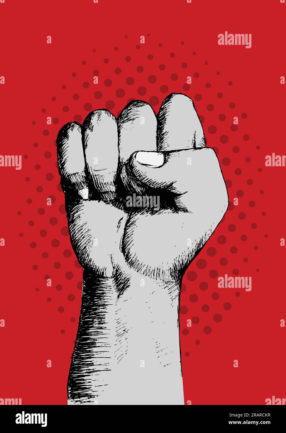 Sketch of a right fist on red background, spirit, propaganda ...