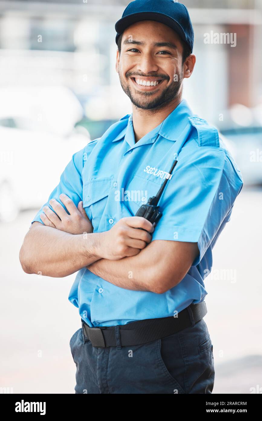 Security guard, happy man and portrait of safety officer on street for ...