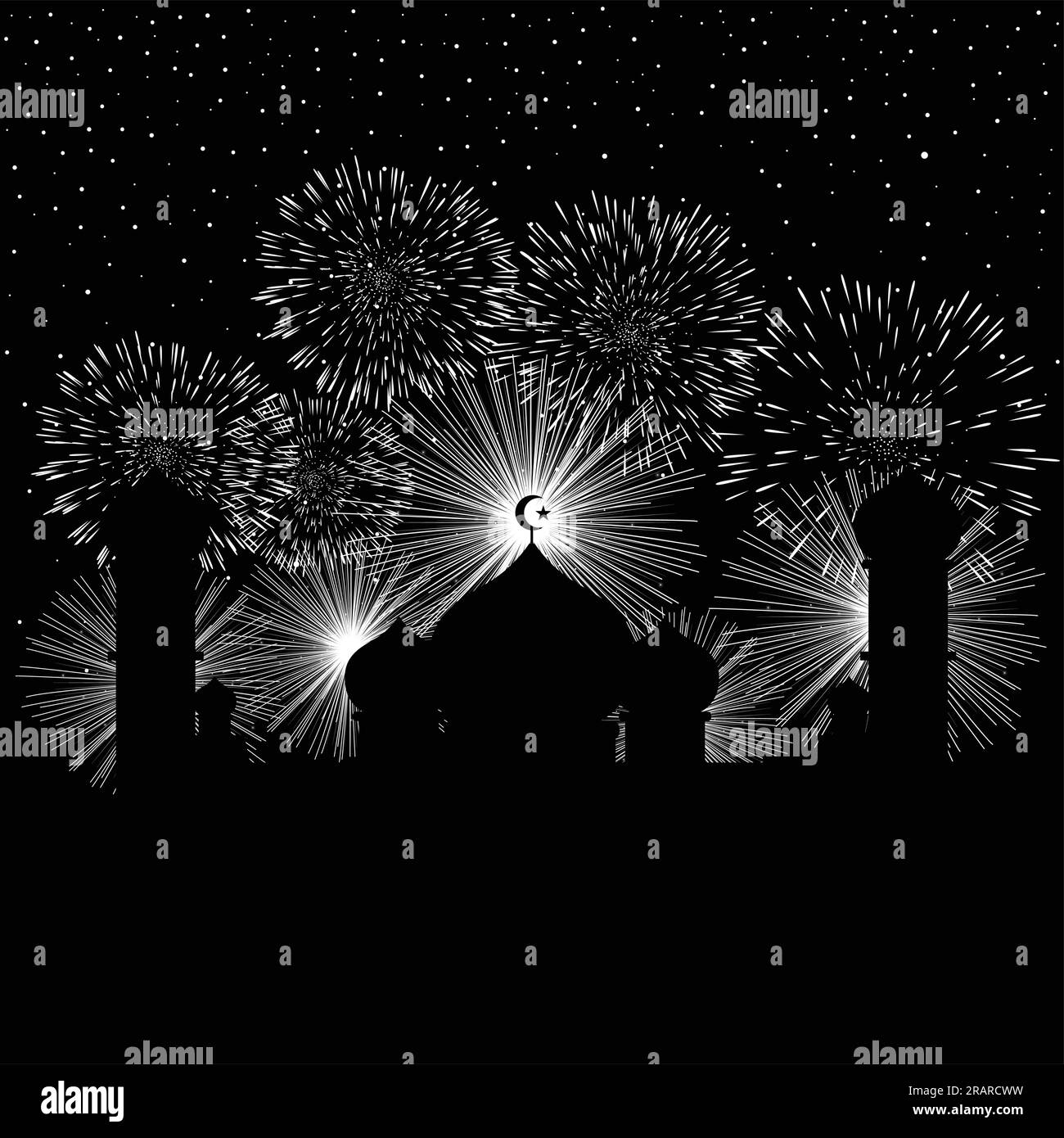 Silhouette illustration of a mosque and fireworks background, for ...