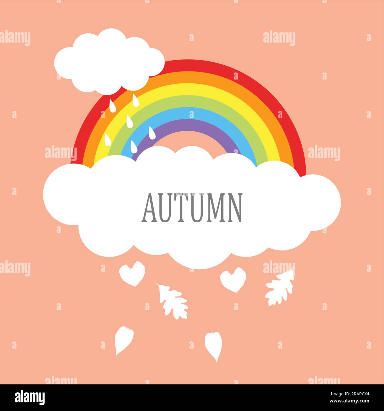 Graphic illustration of rainbow with clouds and falling leaves for ...