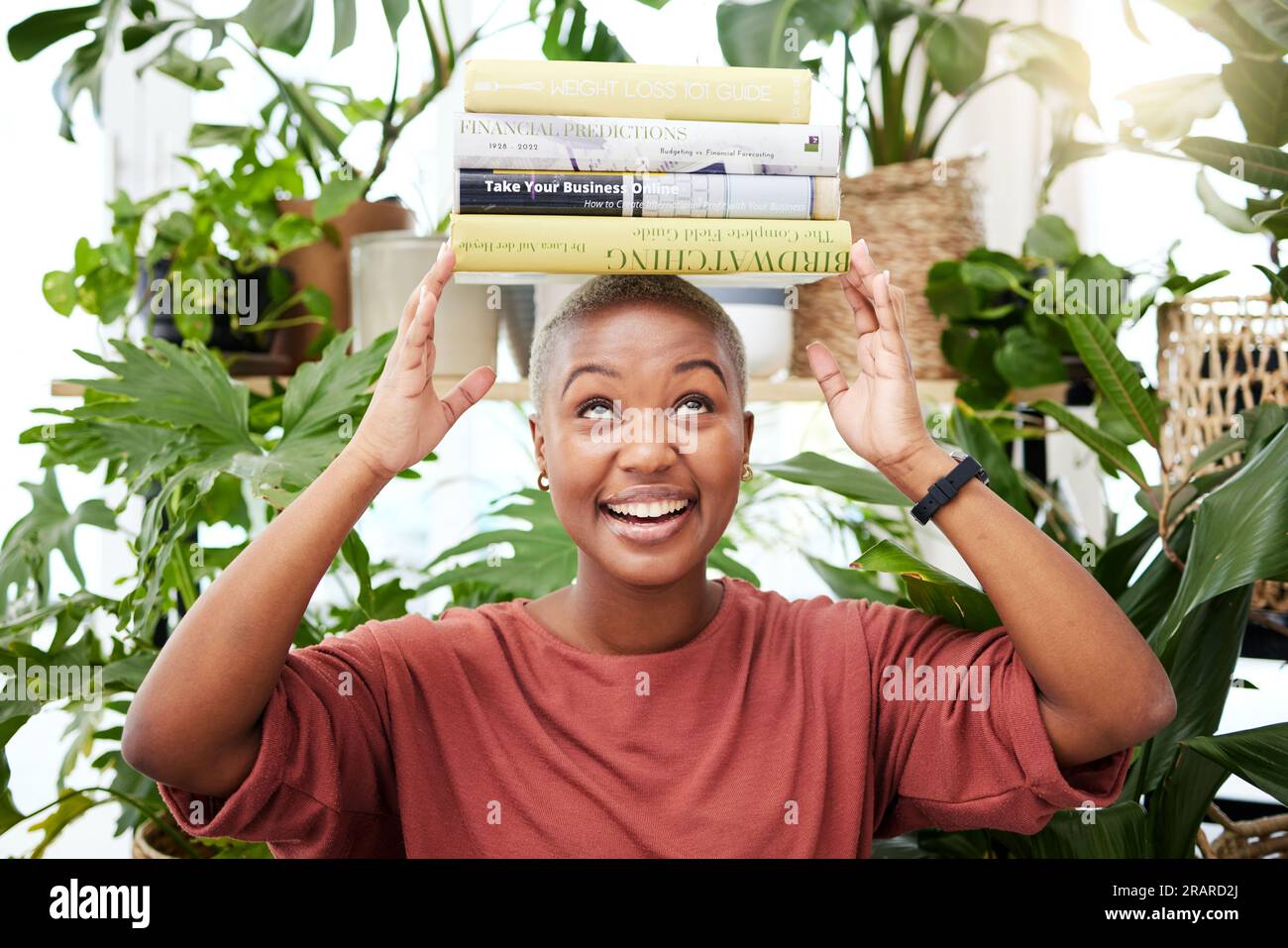 Plant care, learning and woman reading gardening books for instructions, tips and ideas for home ...