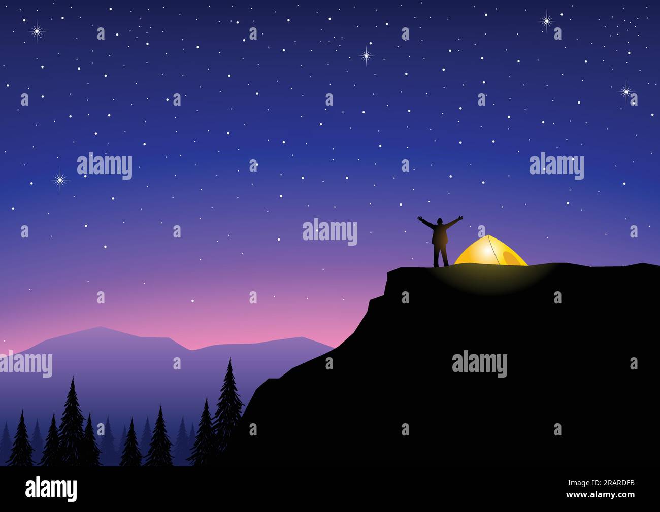 Silhouette of a man on top of a mountain stand near tent looking at the ...