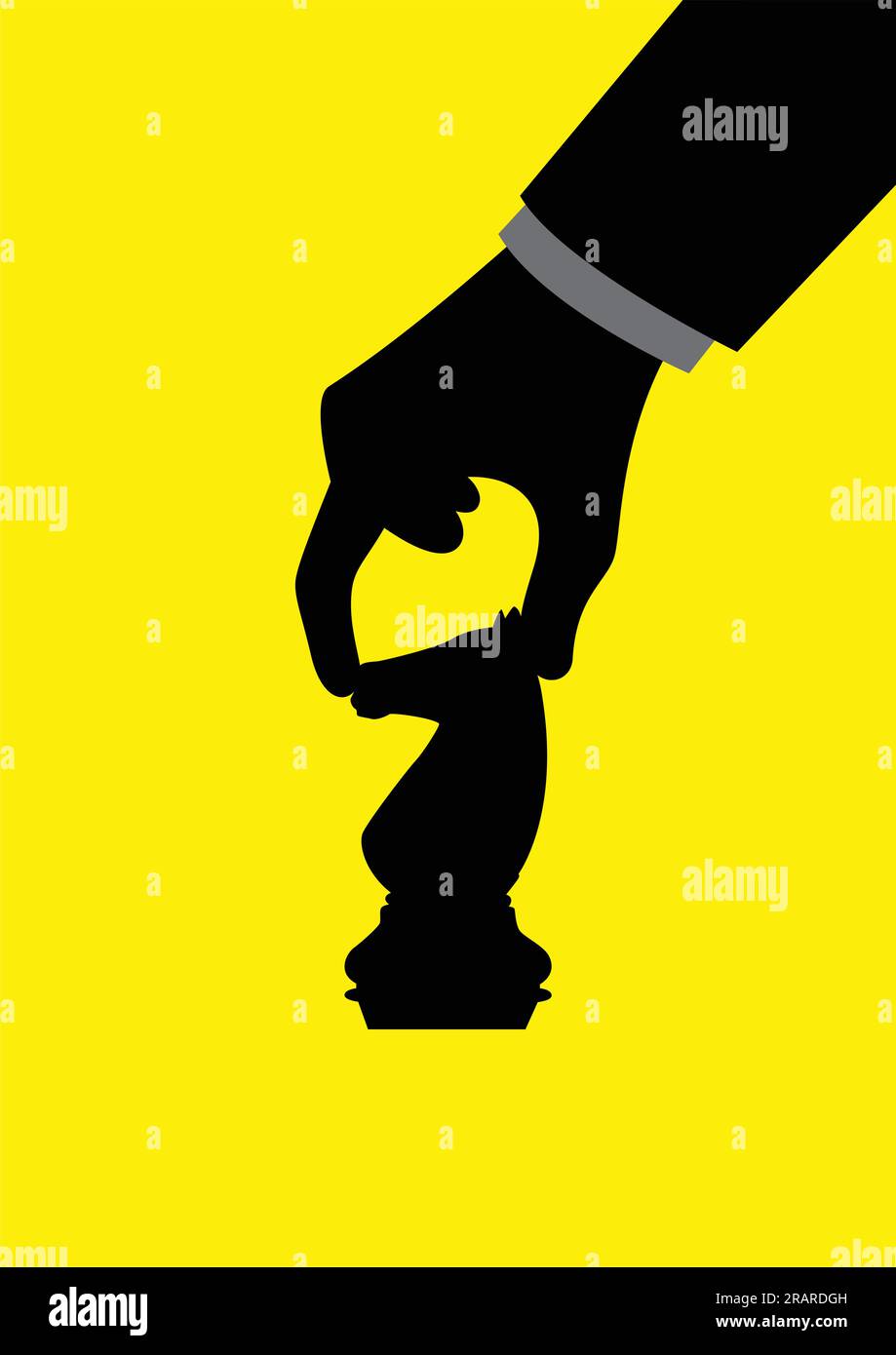 Graphic illustration of a man hand holding chess knight piece, strategy ...