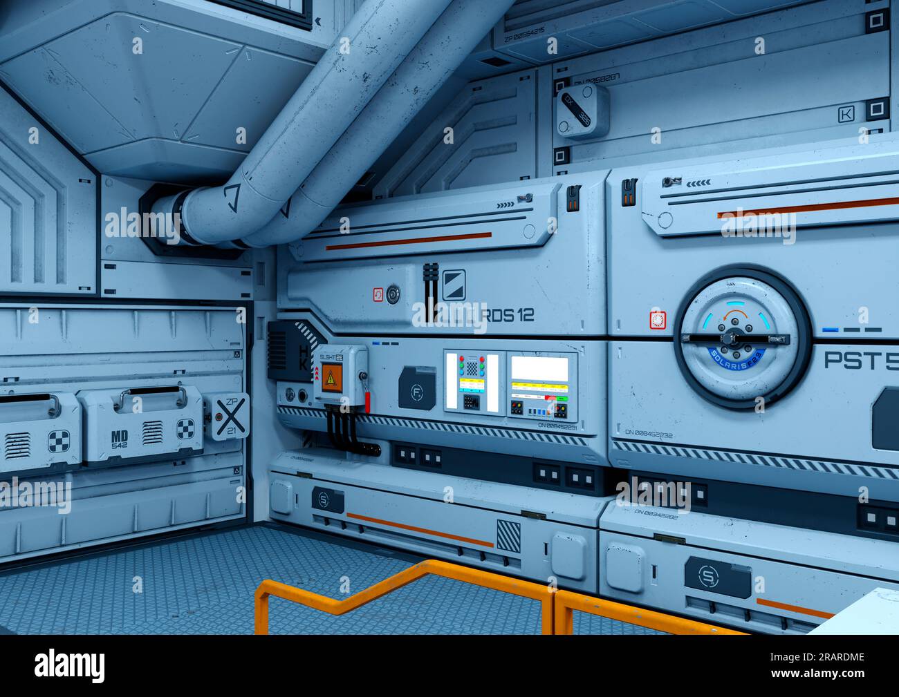3D digital rendering of a futuristic science fiction corridor Stock ...