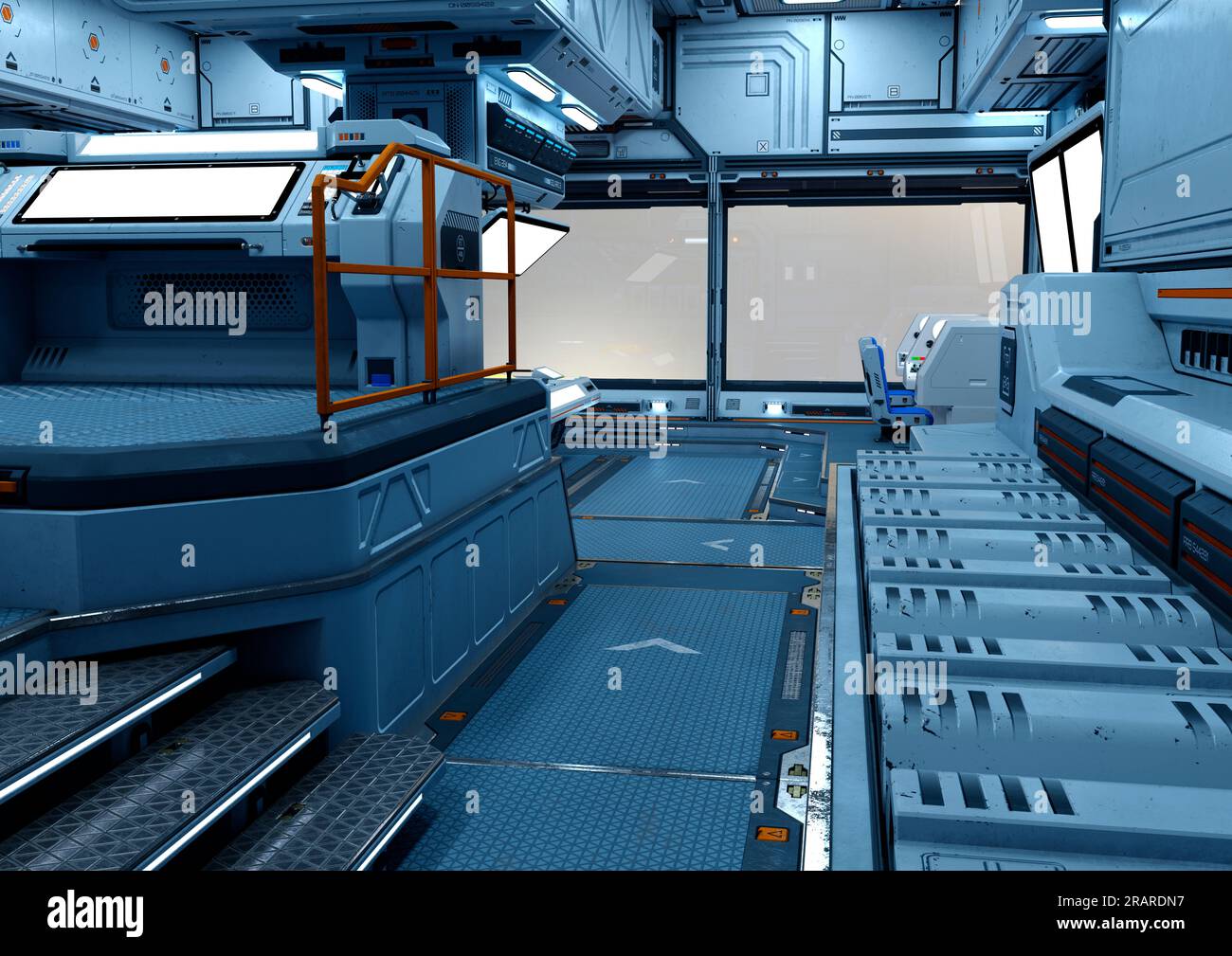 3D digital rendering of a science fiction control cabin interior Stock ...