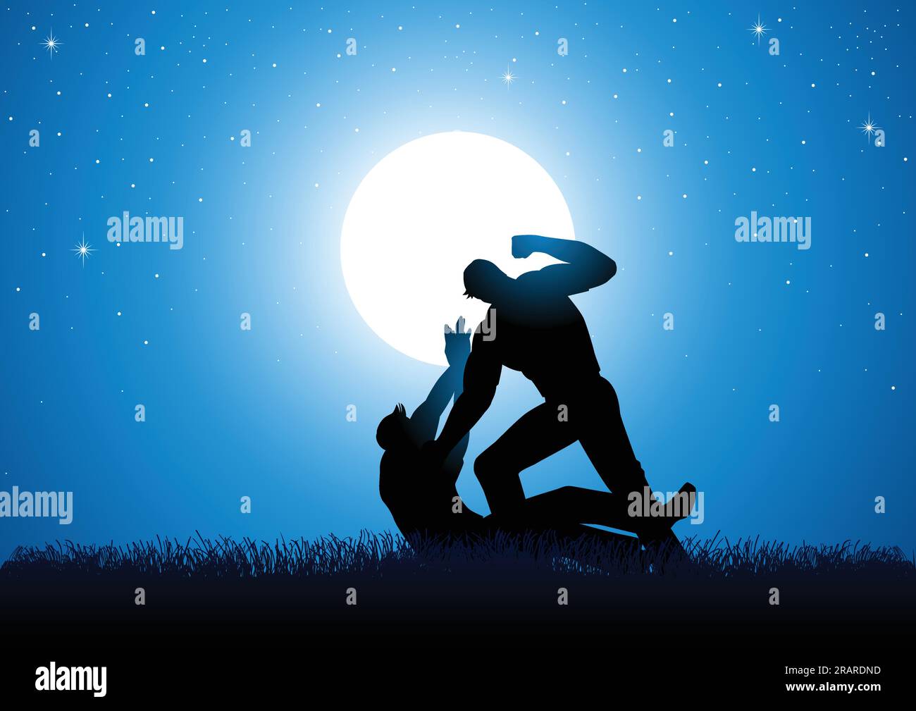 Silhouette illustration of a man being mugged in the park at night ...
