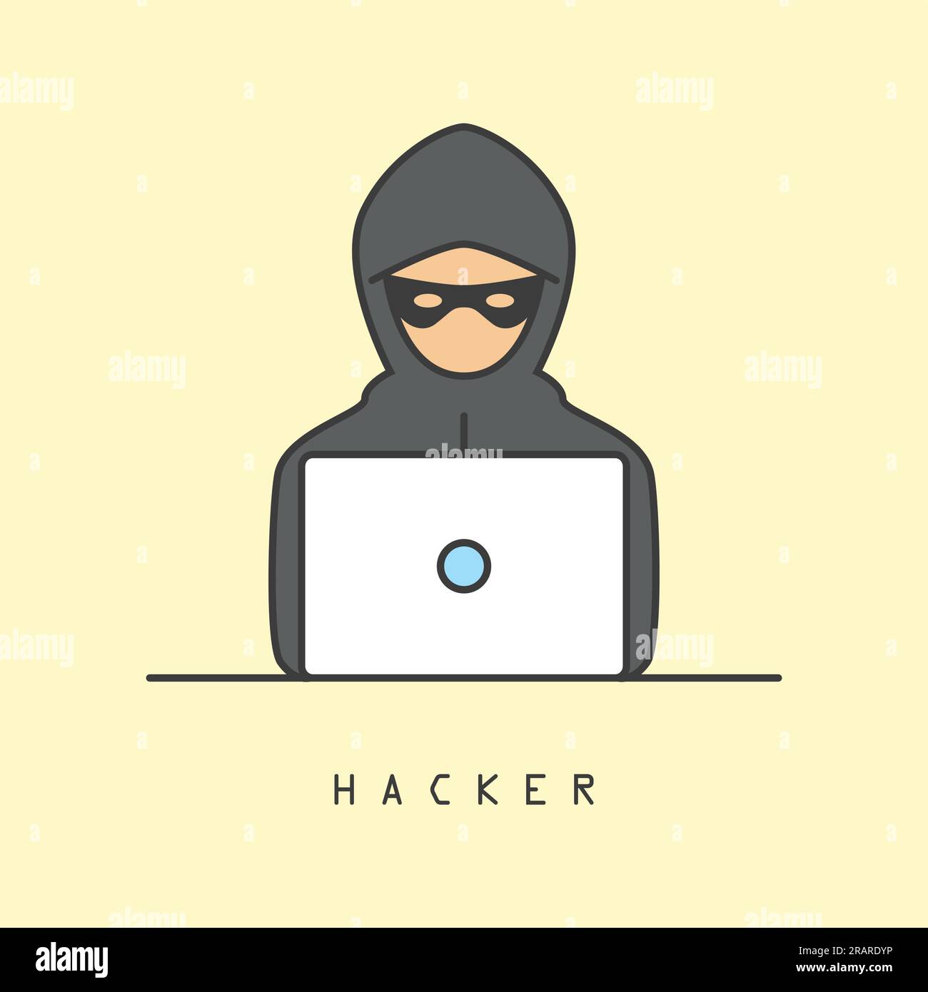 Modern Line Art Icon Of A Man In Hood In Front Of Lap Top Computer Hacker Piracy Symbol Stock