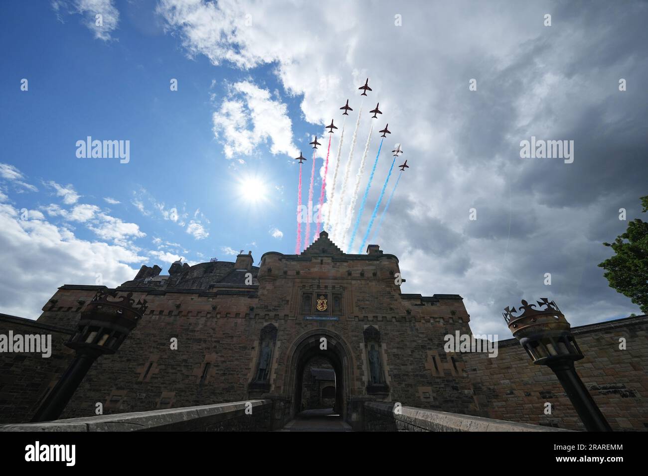 A fly past over Edinburgh Castle by the Red Arrows for the National ...