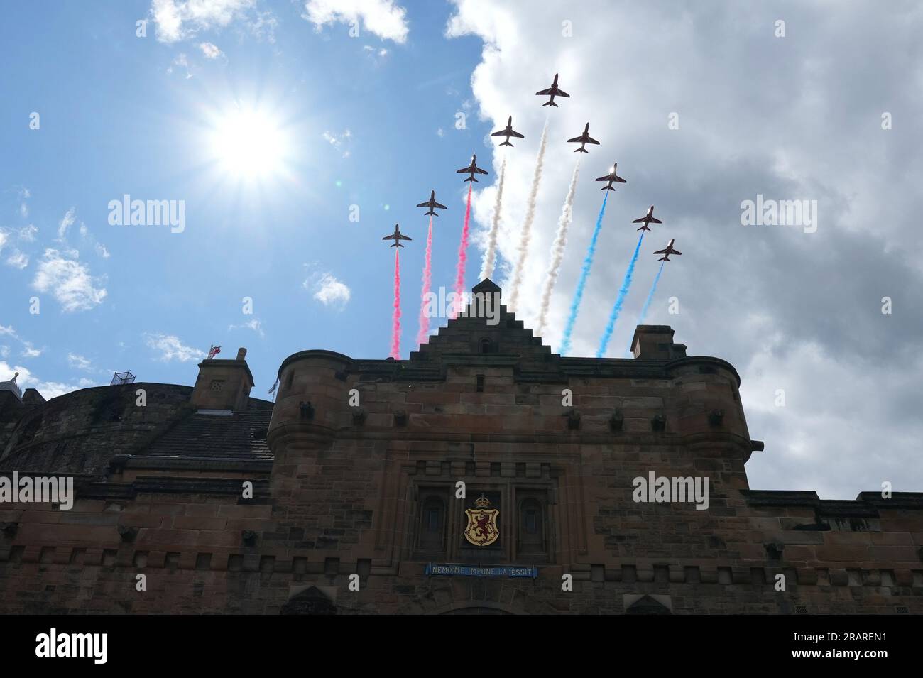 A fly past over Edinburgh Castle by the Red Arrows for the National ...