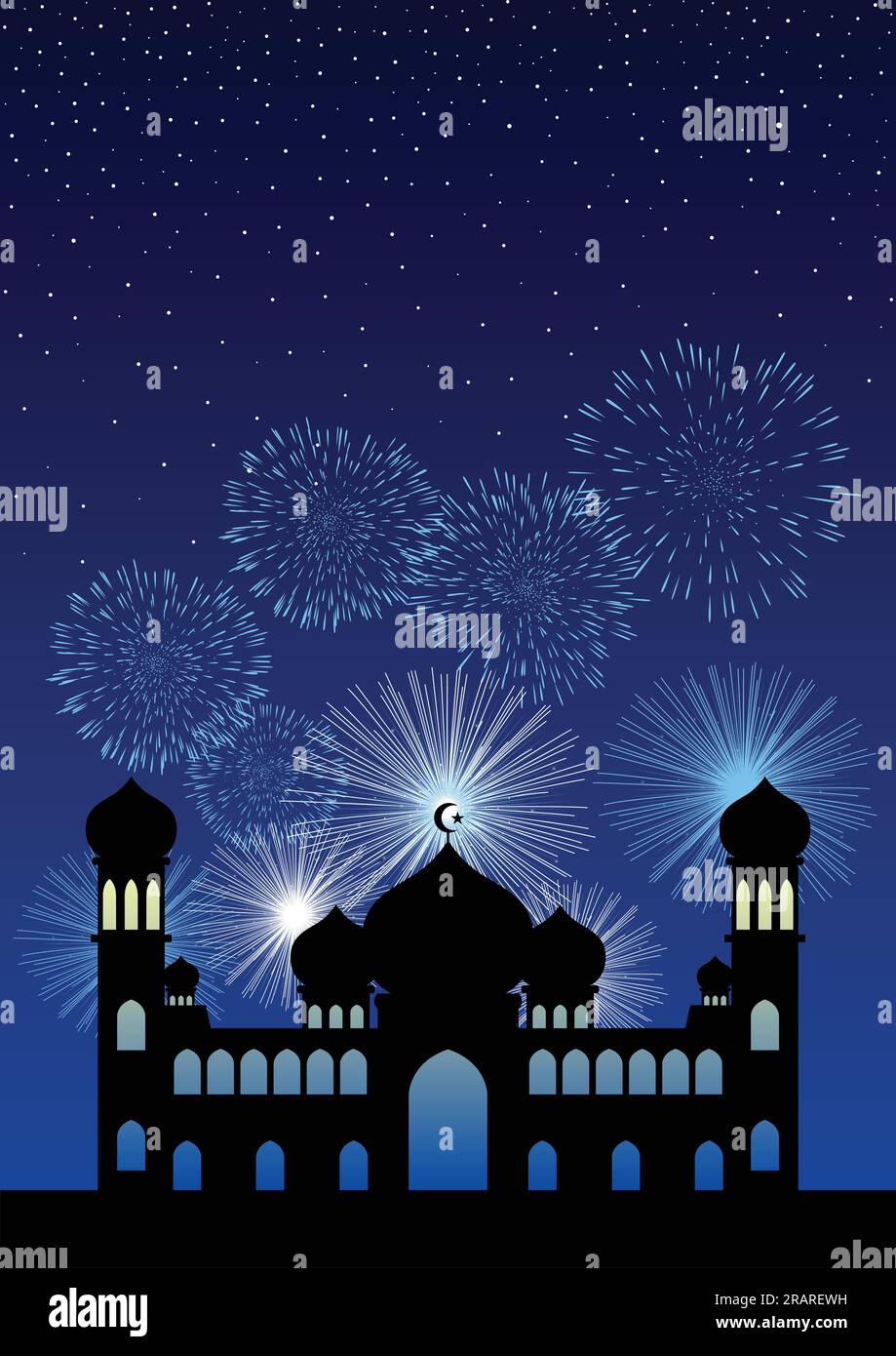Silhouette illustration of a mosque and fireworks background, for ...