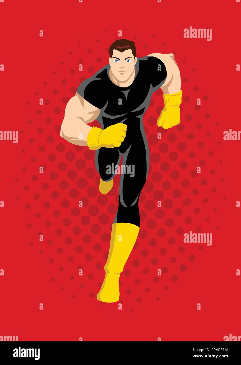 Cartoon illustration of a superhero running on comic dots or raster red ...