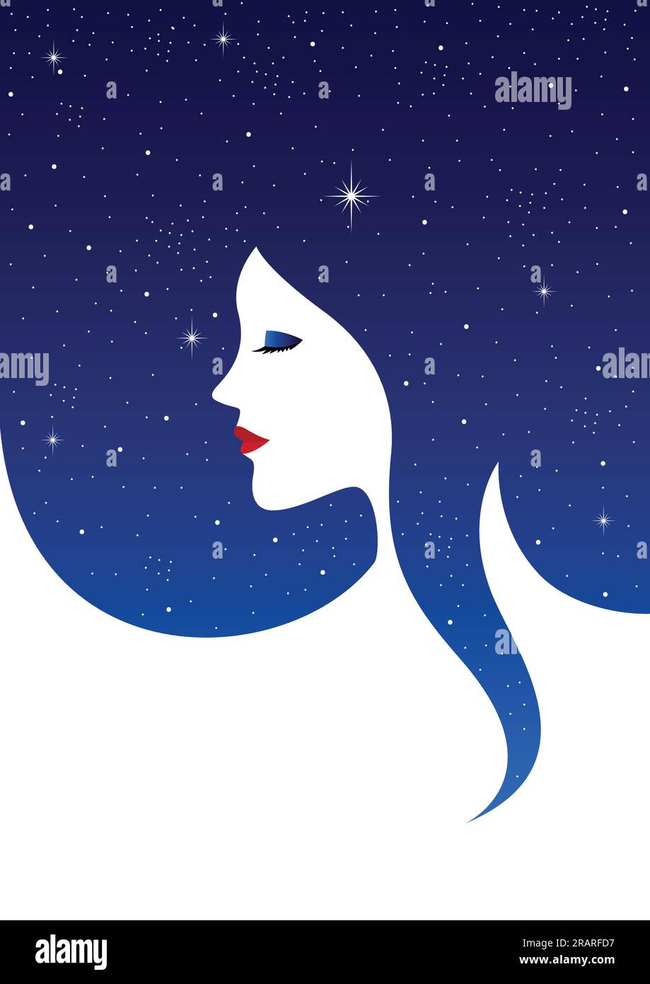 Graphic illustration of beautiful woman face with starry background ...