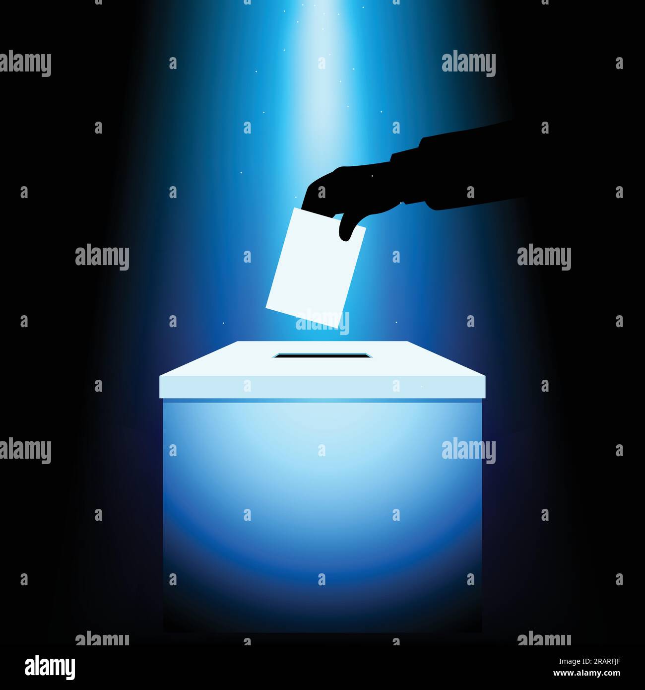 Illustration of a voting box under blue light, hand silhouette putting ...