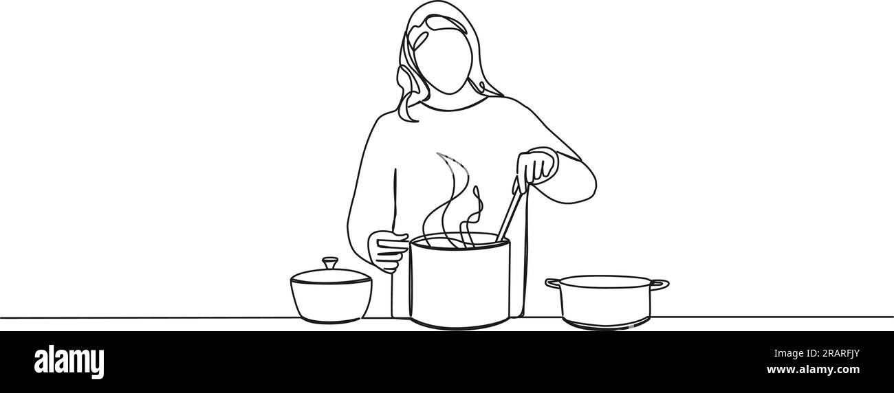 continuous single line drawing of person preparing food in kitchen ...