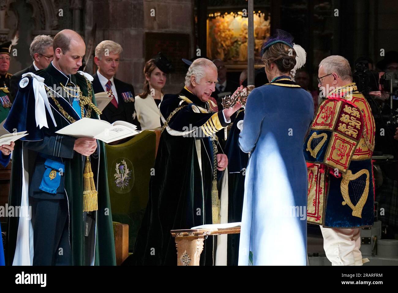 Britain's King Charles III is presented with the Elizabeth Sword during ...