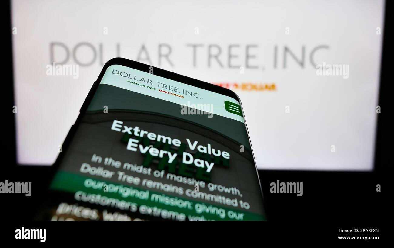 Mobile phone with webpage of US discount retail company Dollar Tree Inc ...