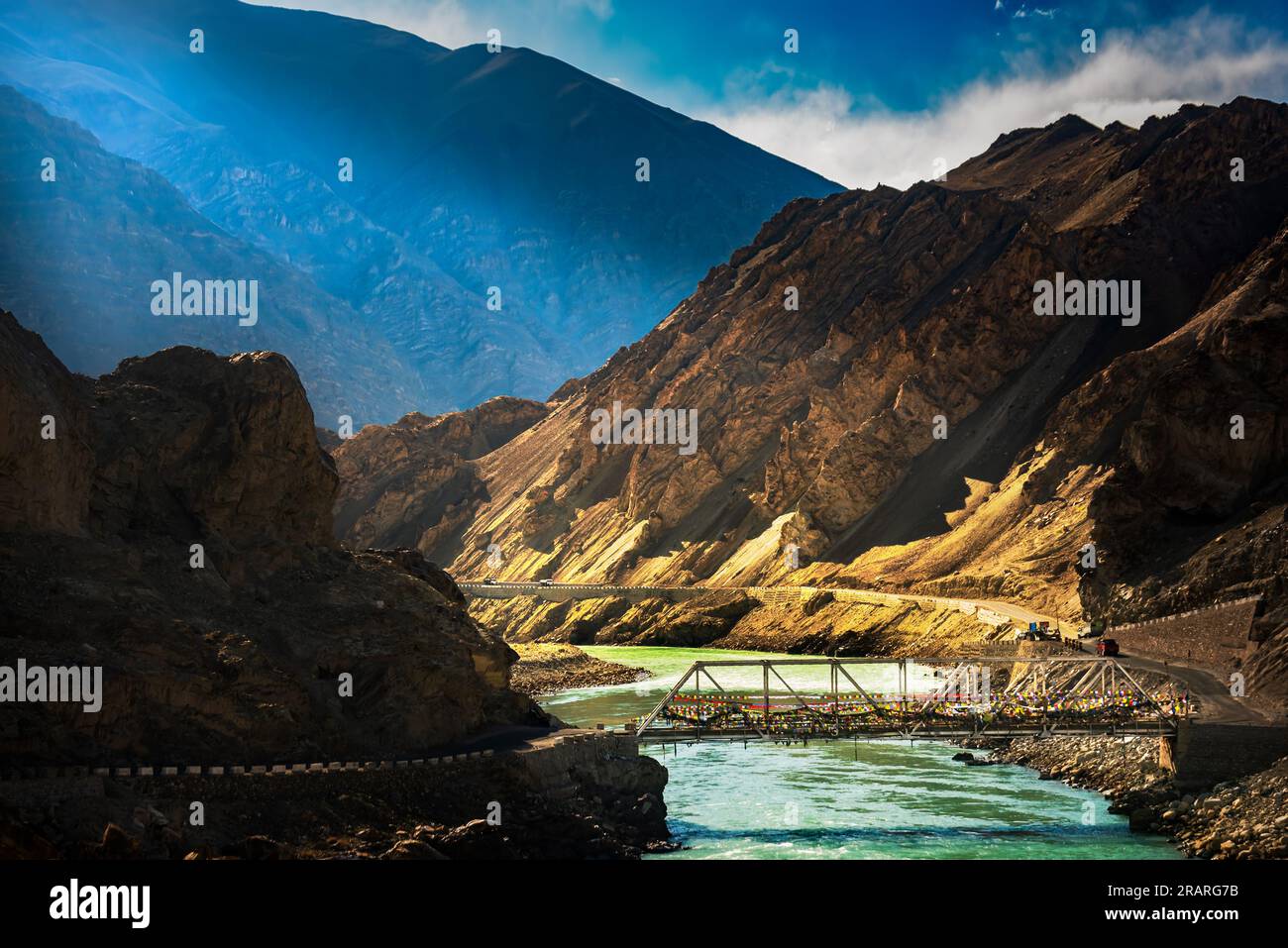 bridge over the river and the Himalayas, Leh, India Stock Photo - Alamy