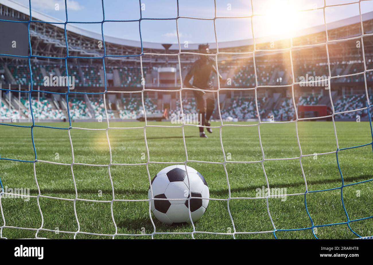 soccer player kicks the ball into the goal at the stadium Stock Photo ...
