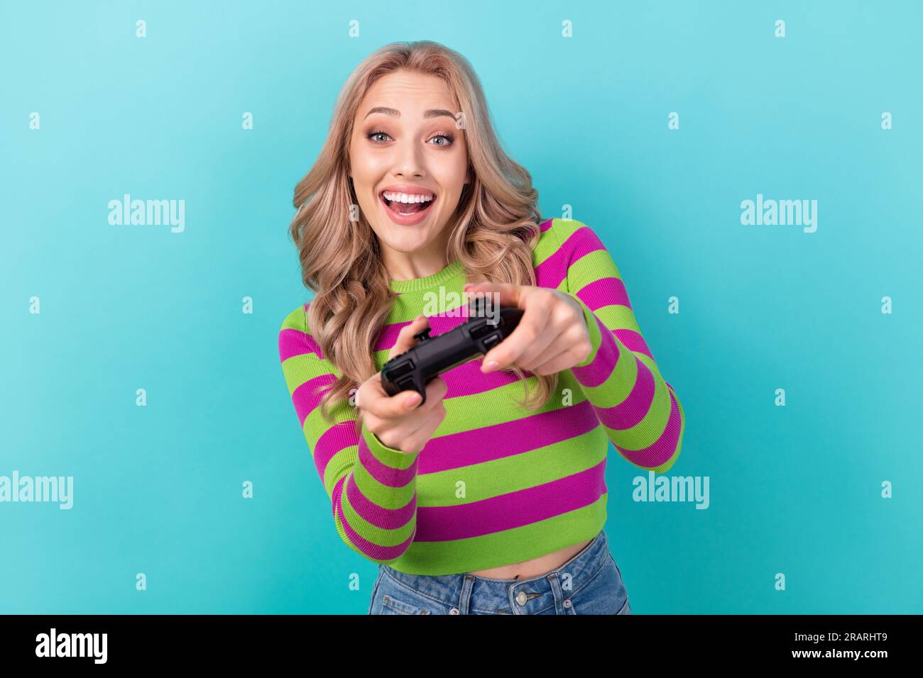 Photo of impressed funky lady wear striped pullover enjoying ...