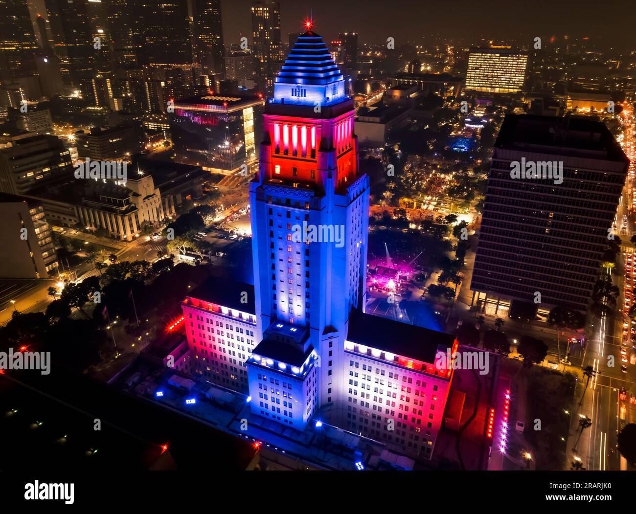Los Angeles City Hall lit up in red, white, and blue light to celebrate ...
