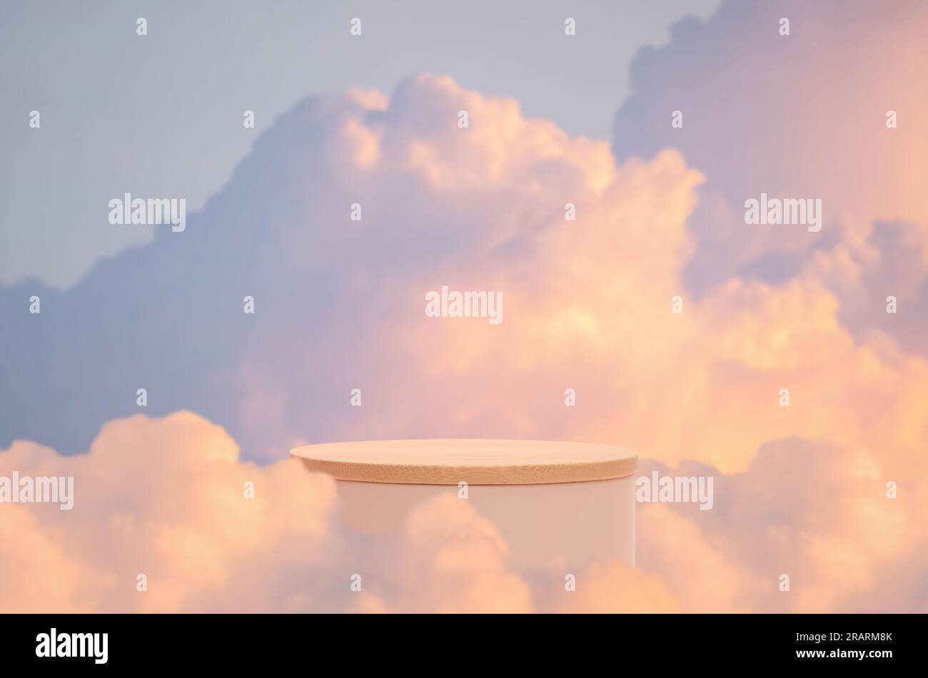 Surreal podium outdoor on blue sky pink gold pastel soft clouds with ...