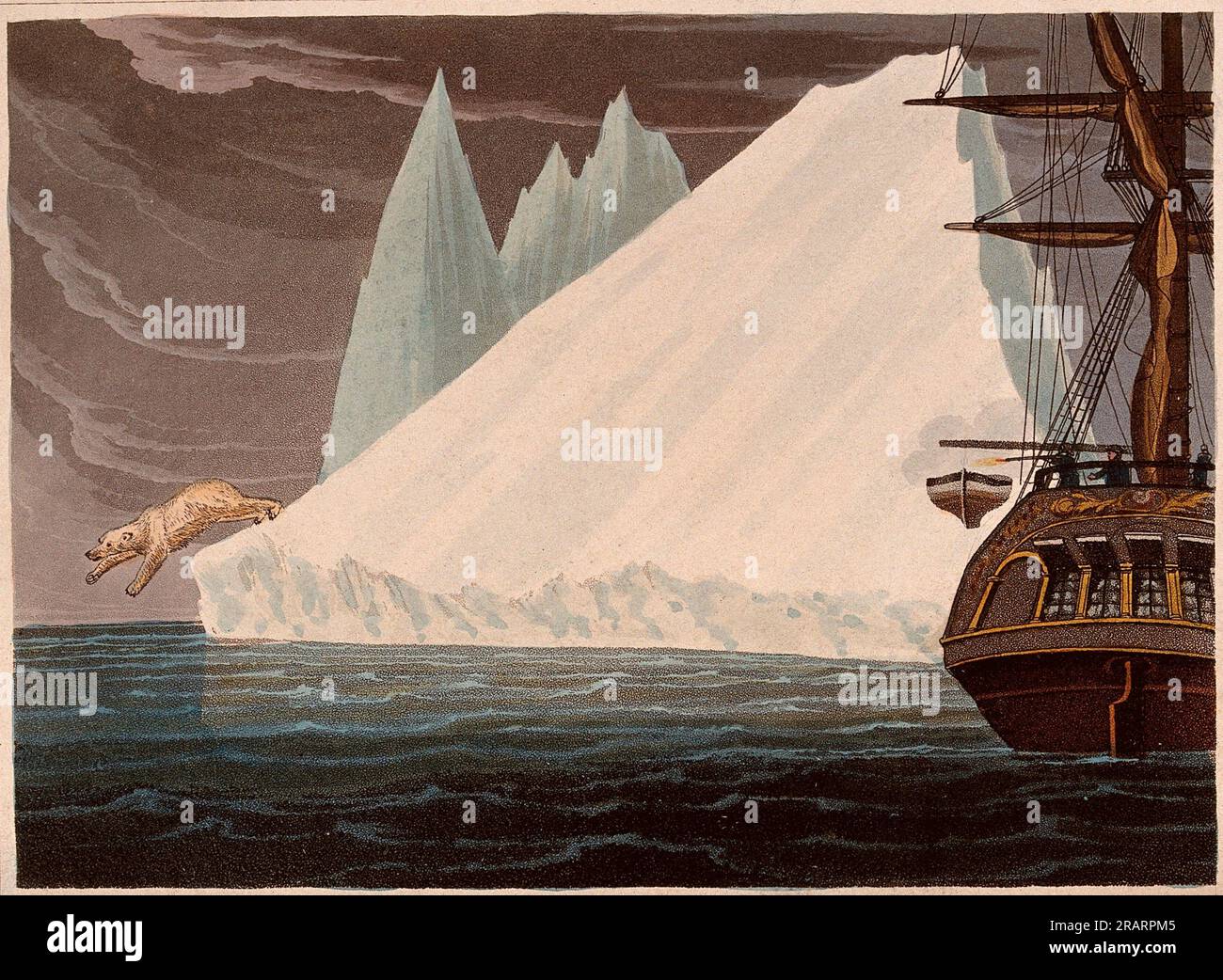 A polar bear plunges into the sea from a very steep iceberg while ...