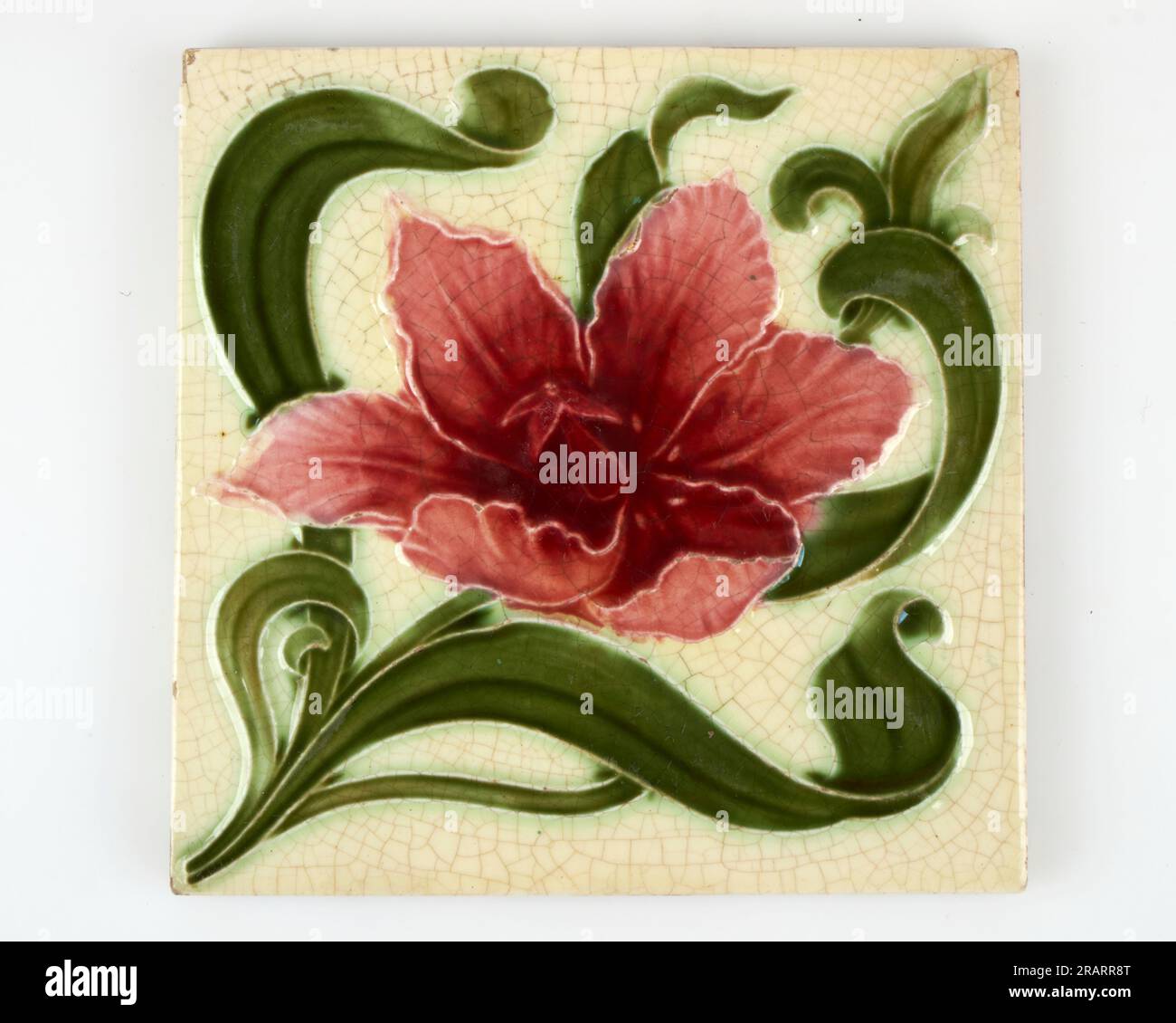 Antique 1900s Henry Richards Tile Co. Art Nouveau red lily pottery tile ...