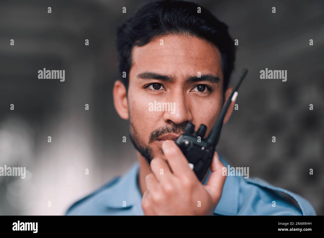 Security guard, walkie talkie or safety officer man outdoor for ...