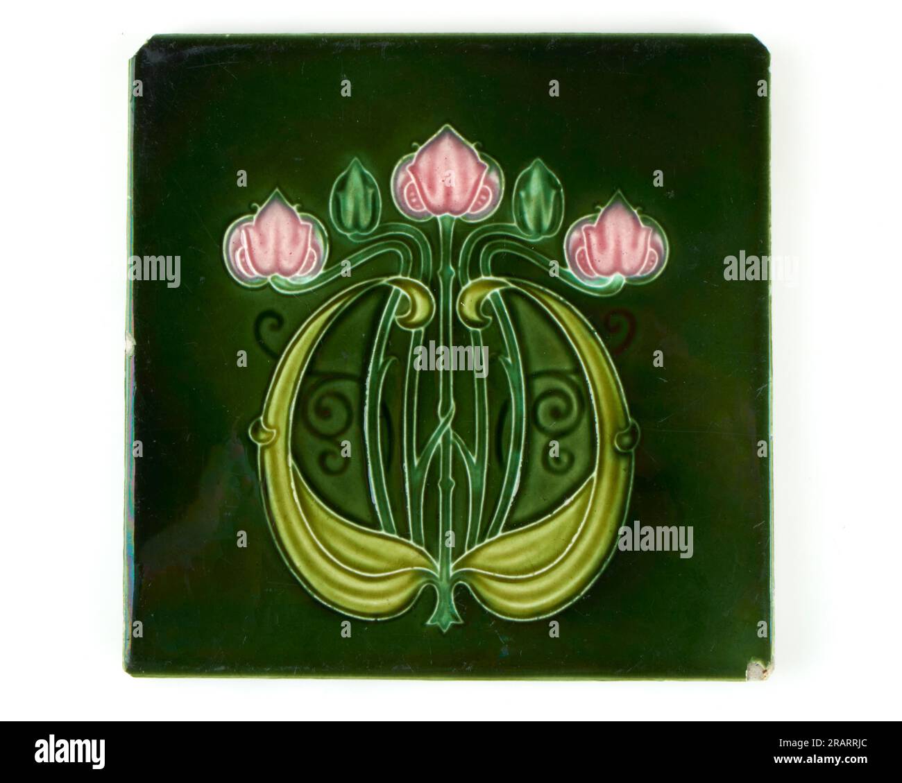 Antique 1900s Henry Richards Art Nouveau three pink flower pottery tile ...