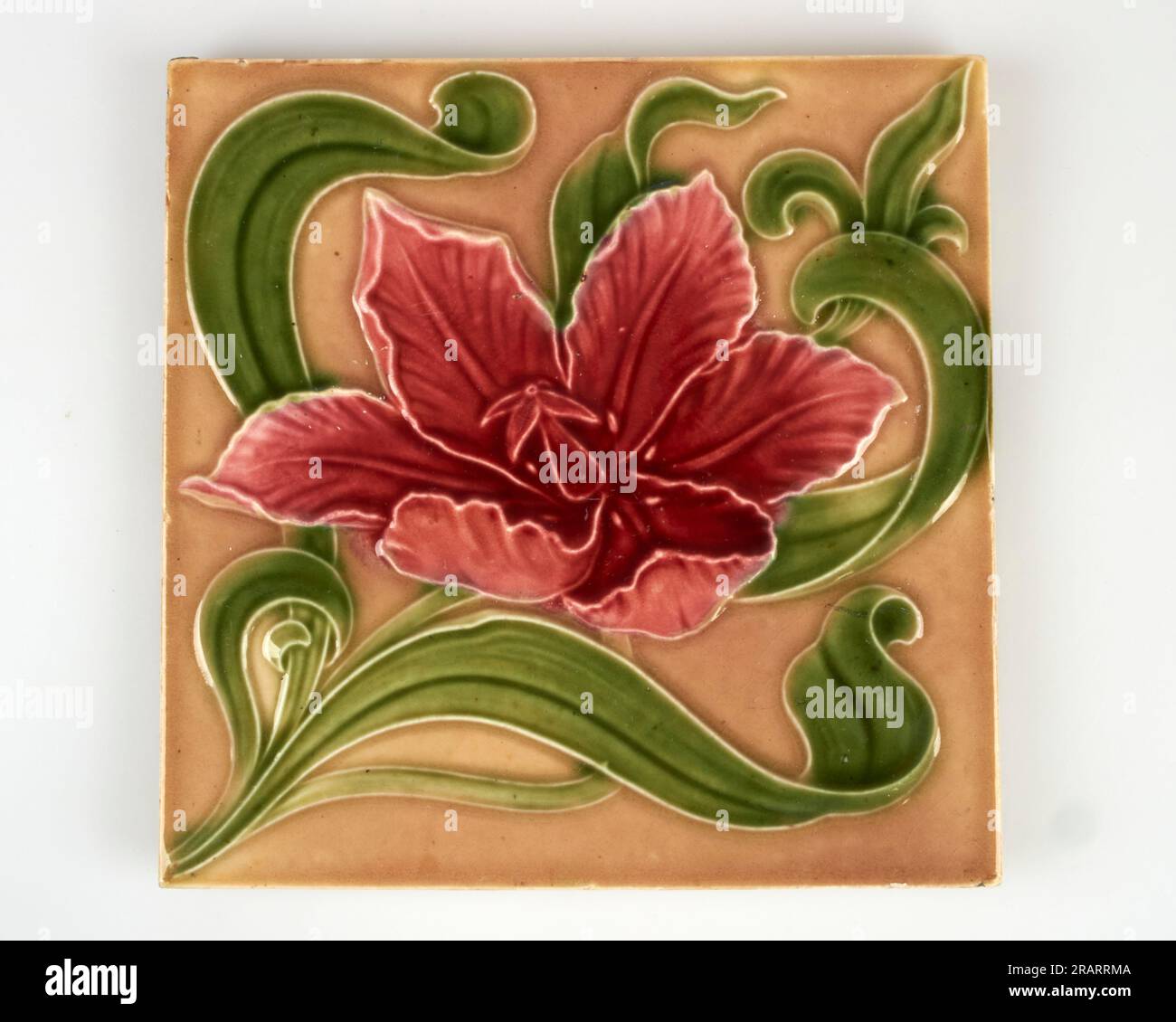 Antique 1900s Henry Richards Tile Co. Art Nouveau red lily pottery tile ...