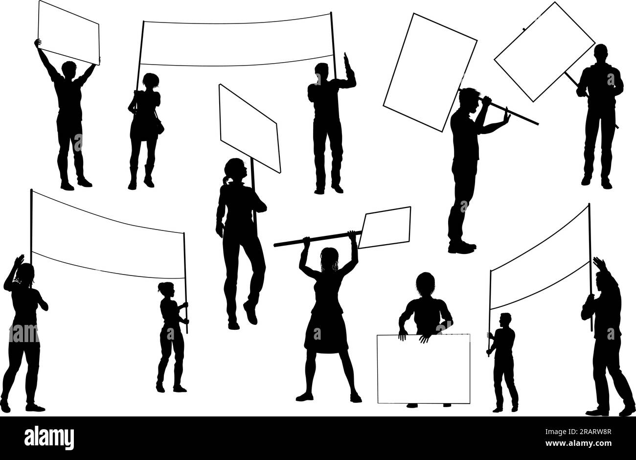 Protest Rally March Banner Sign Silhouette People Stock Vector Image ...