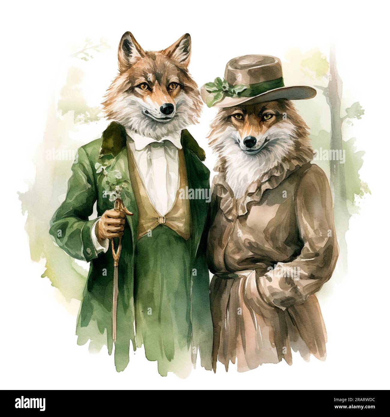 Romantic watercolor illustration with couple of foxes in forest. Couple ...