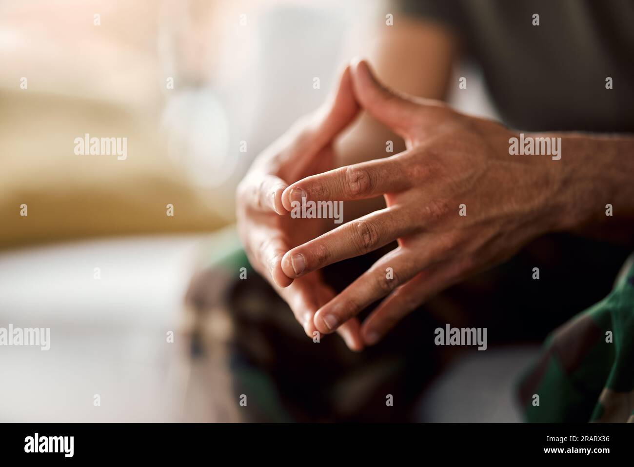 Hands clasped, soldier sitting and military person with anxiety ...