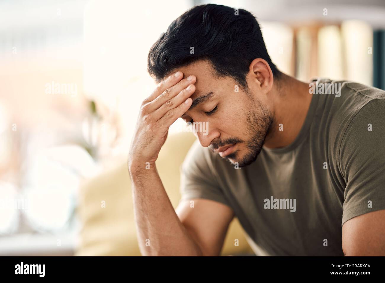 Tired, headache and stress of man in living room with mental health ...