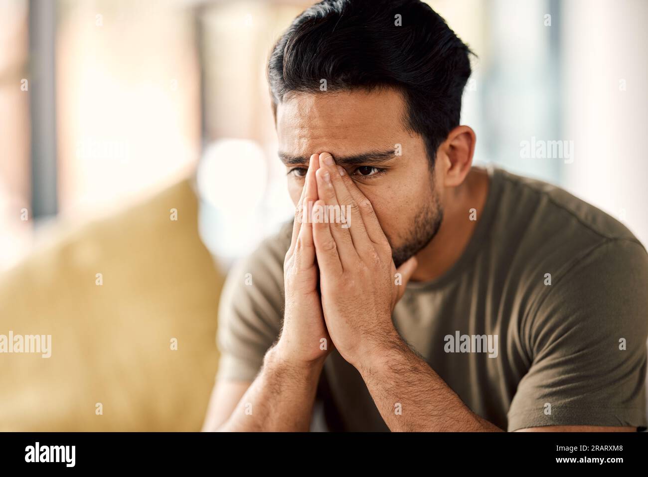 Man with trauma, stress and mental health problem, therapy and ...