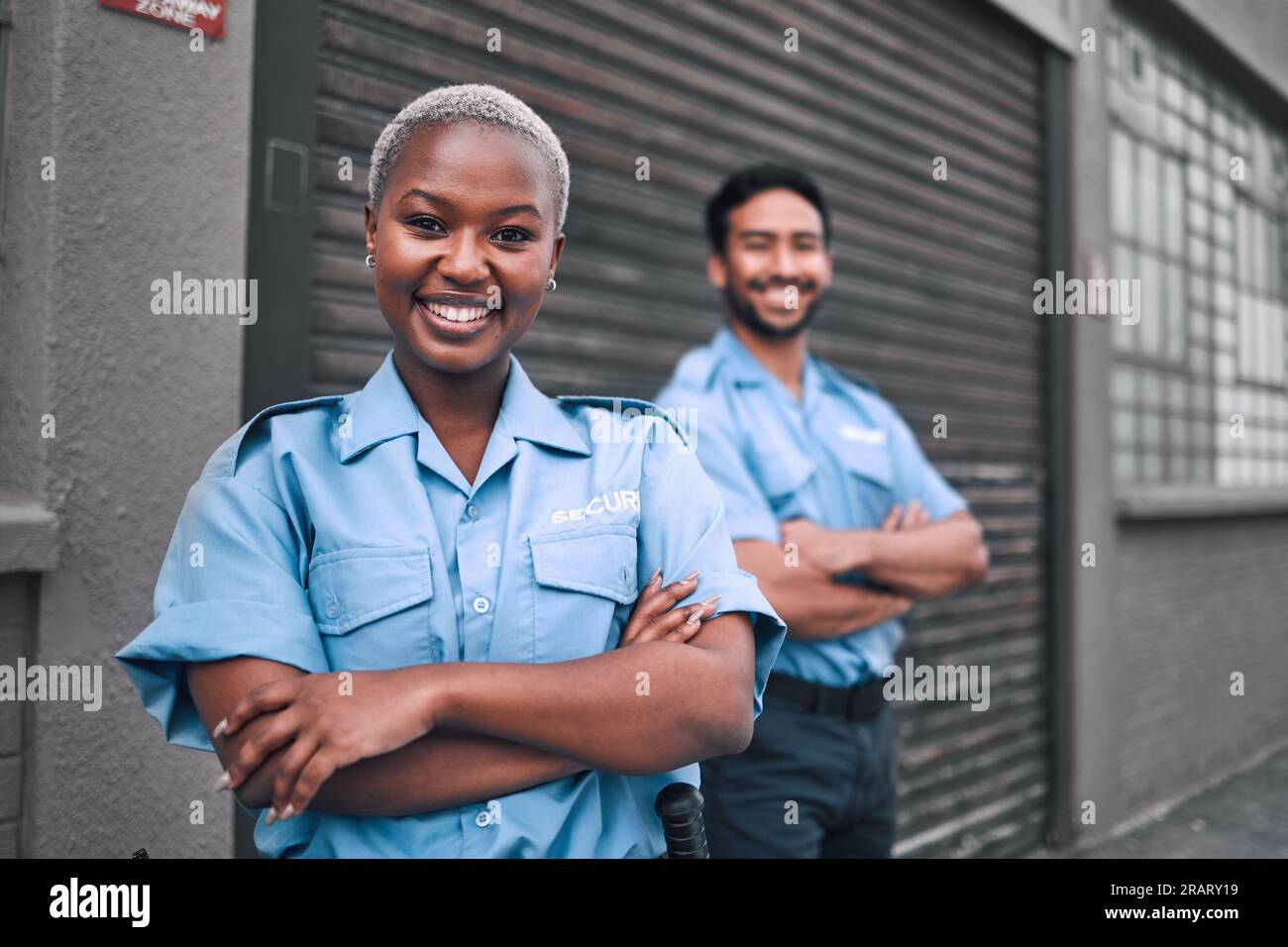 Team, security guard or safety officer portrait on the street for ...