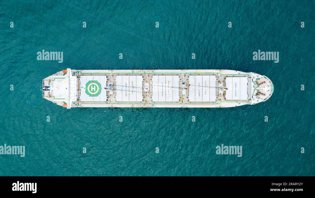 Self-unloading bulk carrier at Rio De La Plata anchorage. Aerial top ...