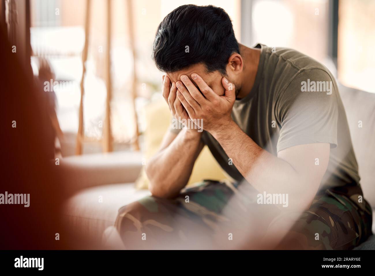 Man with trauma, stress and mental health, sad with problem and therapy ...